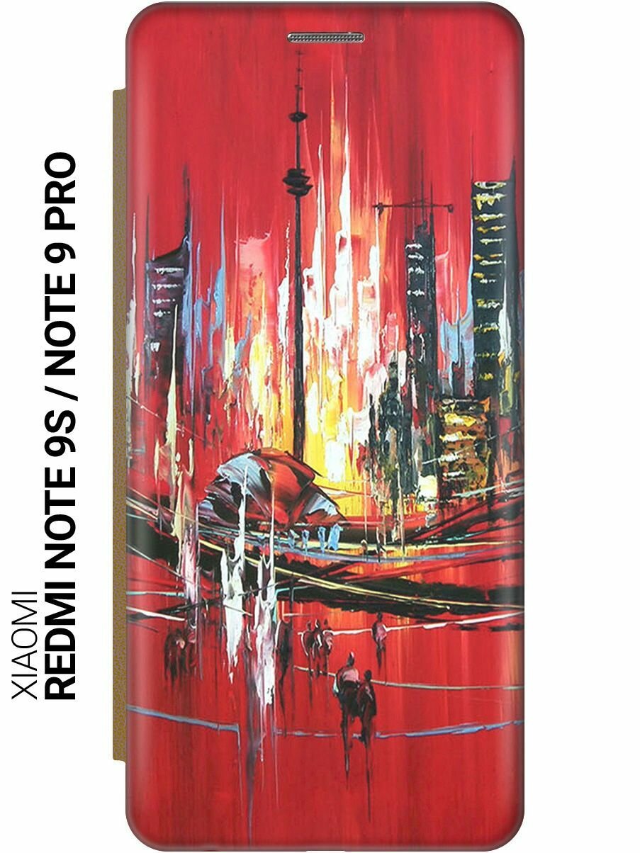 Чехол-книжка на Xiaomi Redmi Note 9s, Note 9 Pro, Сяоми Редми Ноут 9с, Ноут 9 Про c принтом "Акварельный город" золотистый