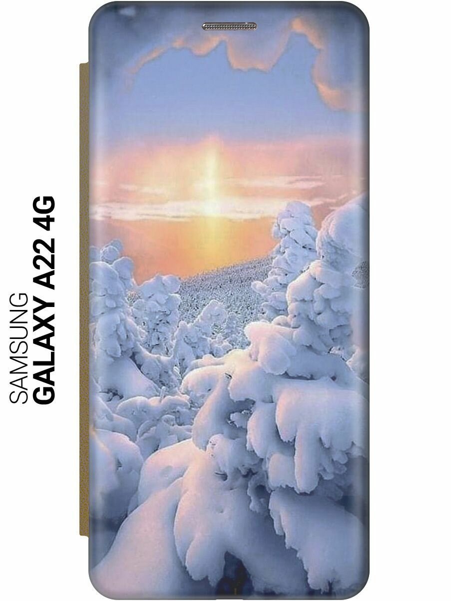 Чехол-книжка на Samsung Galaxy A22, M32, M22, Самсунг А22, М32, М22 c принтом "Заснеженный лес" золотистый