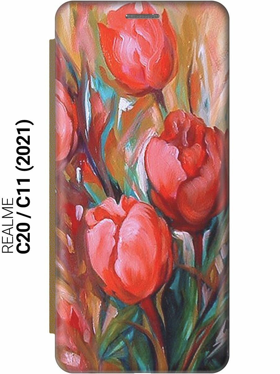 Чехол-книжка на realme C20, C11 (2021), Рилми С20, С11 (2021) c принтом "Тюльпаны" золотистый