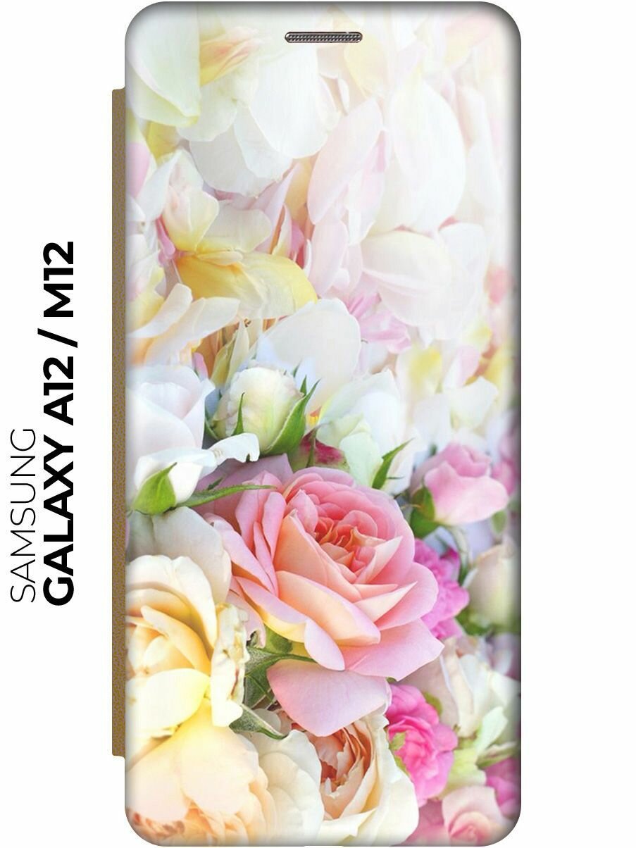Чехол-книжка Нежные розы на Samsung Galaxy A12 / M12 / Самсунг А12 / М12 золотой