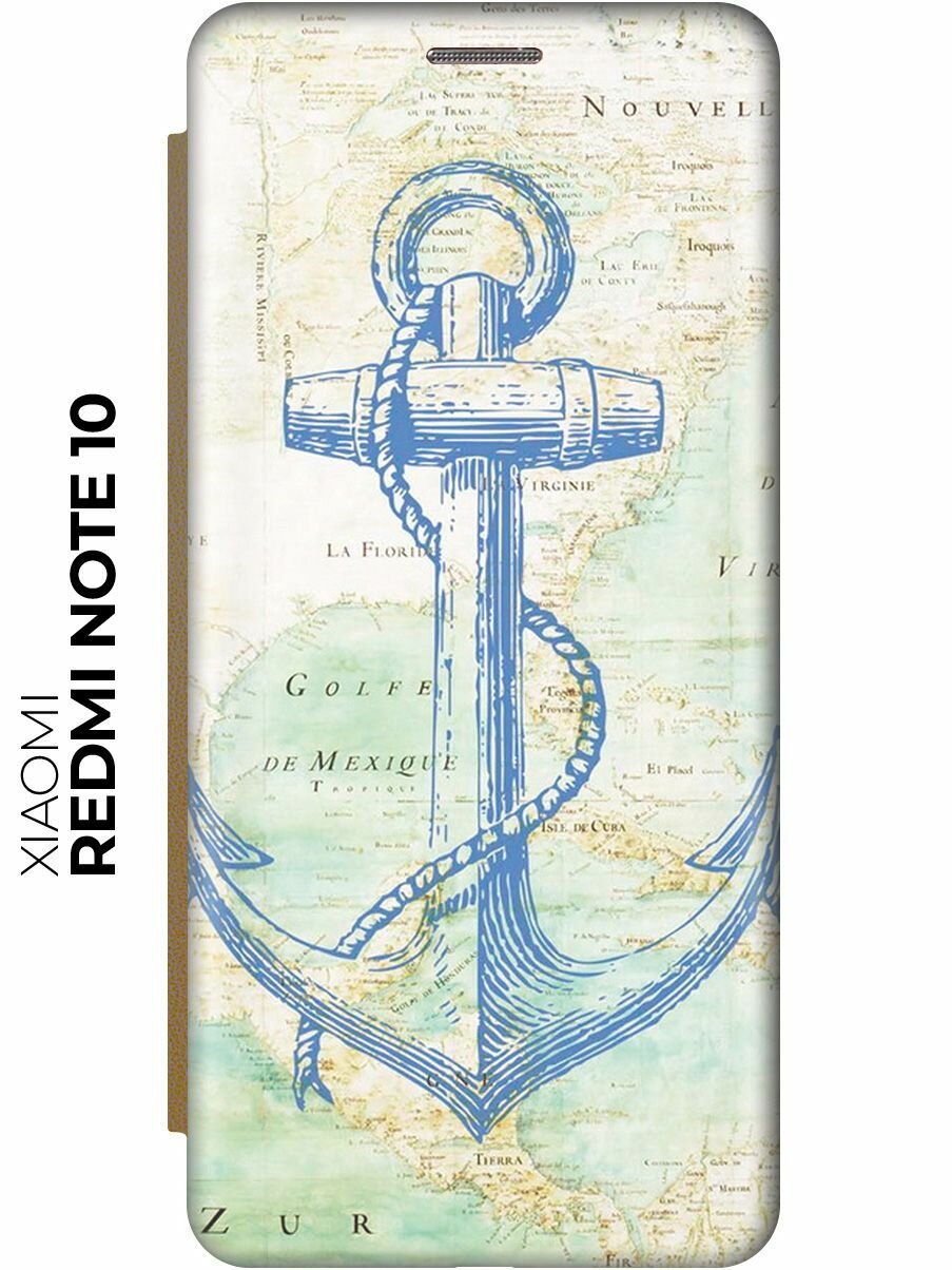 Чехол-книжка Якорь на карте на Xiaomi Redmi Note 10 / Note 10S / Poco M5s / Сяоми Редми Ноут 10 / Ноут 10С / Поко М5с золотой