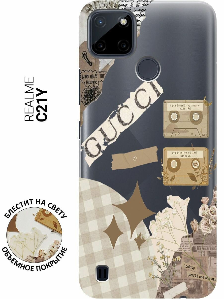 Силиконовый чехол на Realme C21Y, Рилми С21у с 3D принтом "GUCCI Stickers" прозрачный