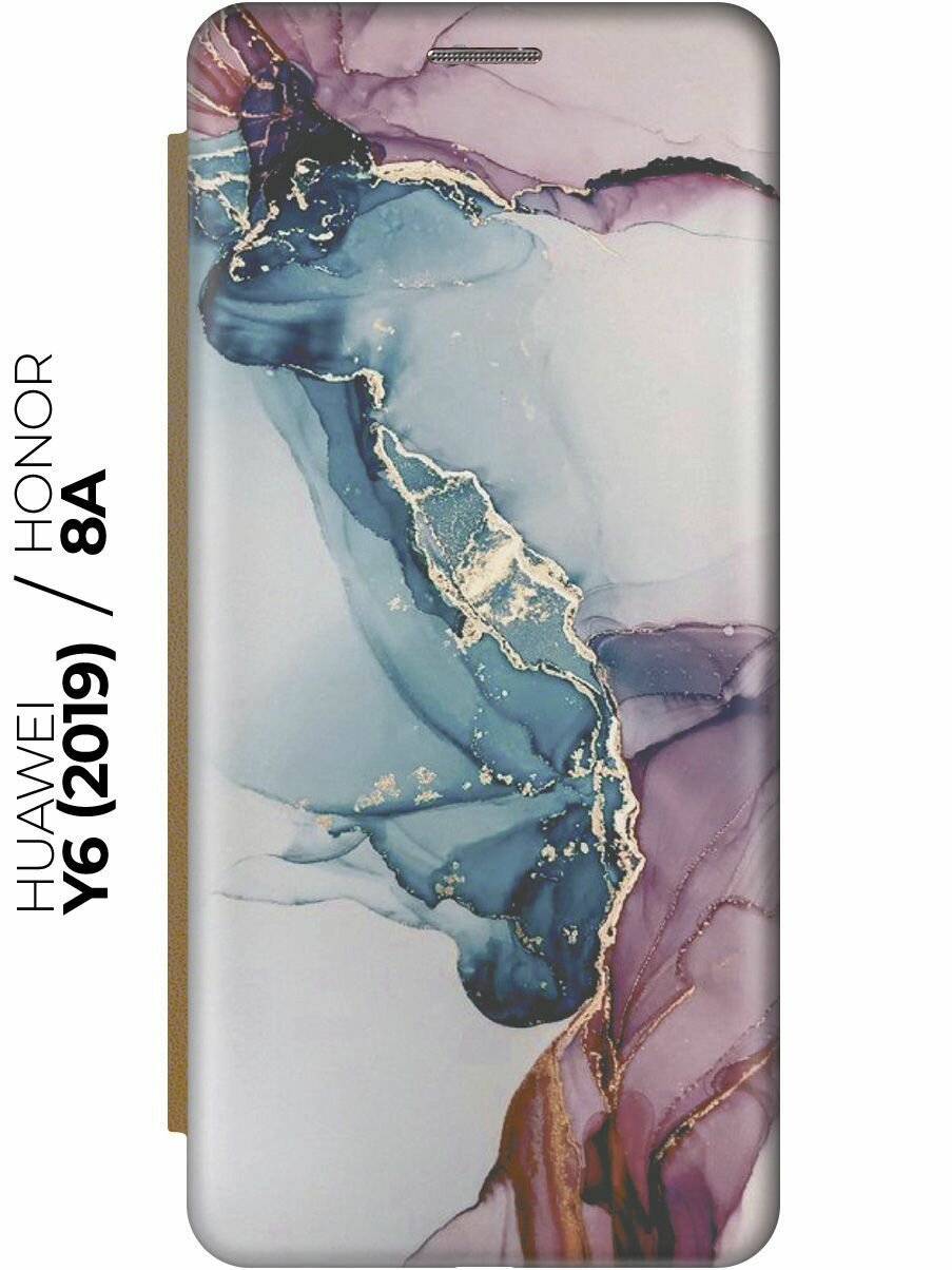 Чехол-книжка Сине-розовый мрамор на Honor 8A / 8A Pro / Huawei Y6 (2019) / Y6 Prime (2019) / Хонор 8а / 8а Про / Хуавей У6 Прайм 2019 золотой