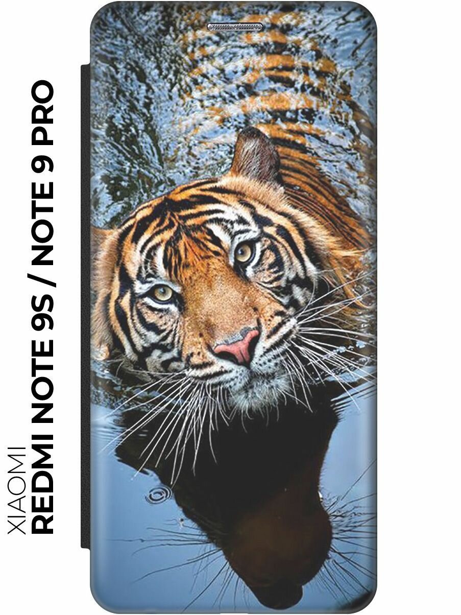 Чехол-книжка Тигр купается на Xiaomi Redmi Note 9s / Note 9 Pro / Сяоми Редми Ноут 9с / Ноут 9 Про черный