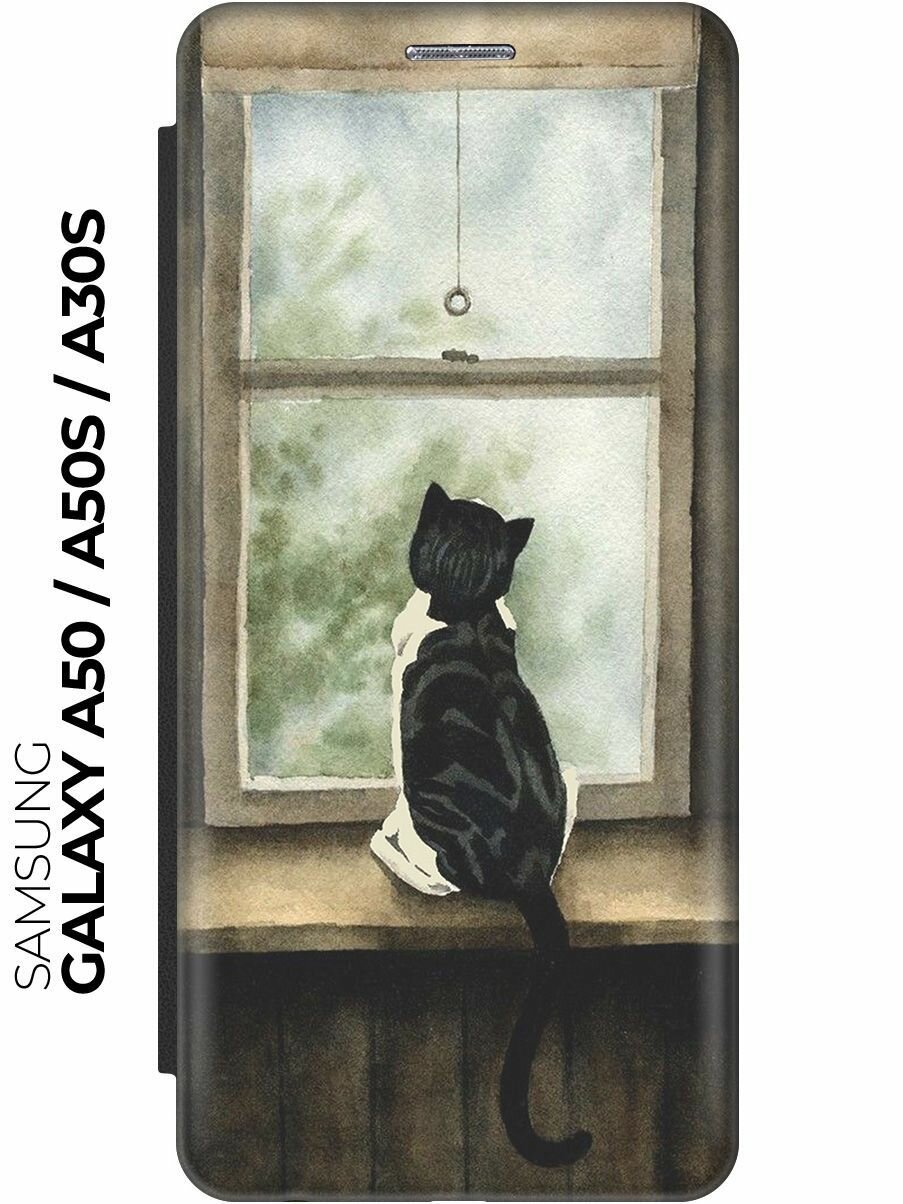 Чехол-книжка Кот у окна на Samsung Galaxy A50 / A50s / A30s / Самсунг А50 / А30с / А50с черный