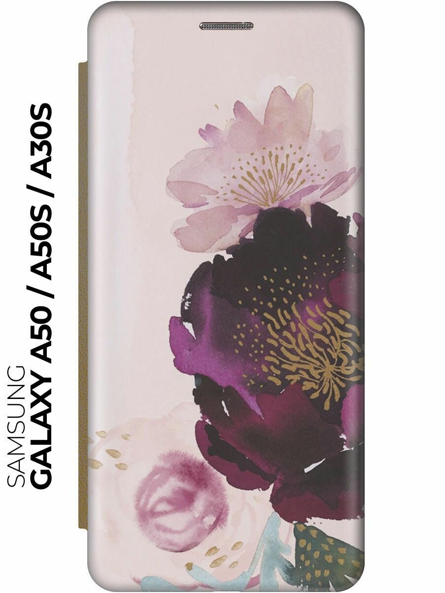 Чехол-книжка Цветы акварелью на Samsung Galaxy A50 / A50s / A30s / Самсунг А50 / А30с / А50с золотой