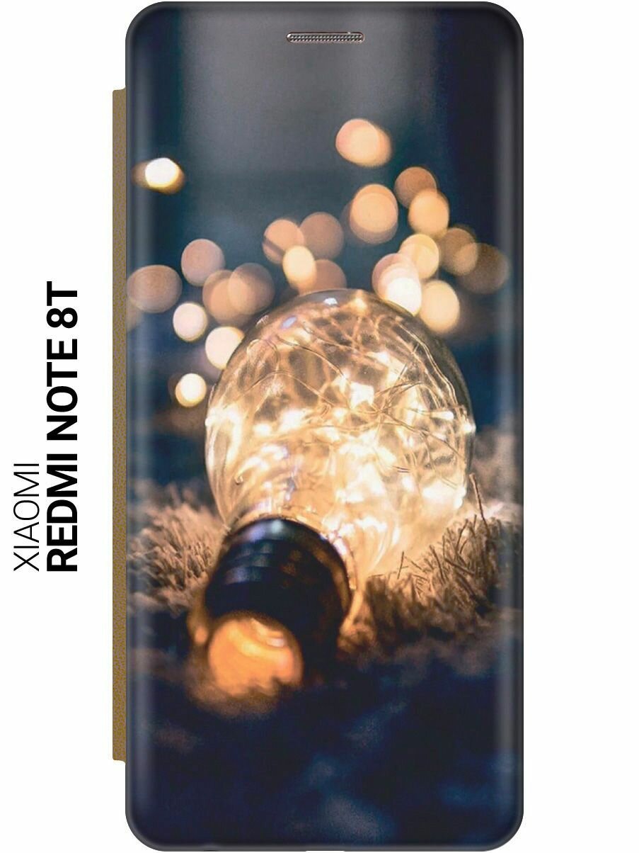 Чехол-книжка на Xiaomi Redmi Note 8T, Сяоми Редми Ноут 8Т c принтом "Гирлянда в лампочке" золотистый