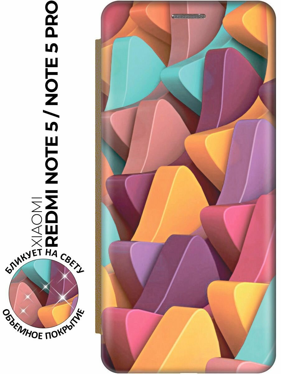 Чехол-книжка Желто-розовые фигуры на Xiaomi Redmi Note 5 / Note 5 Pro / Сяоми Редми Ноут 5 / Ноут 5 Про с эффектом блика золотой