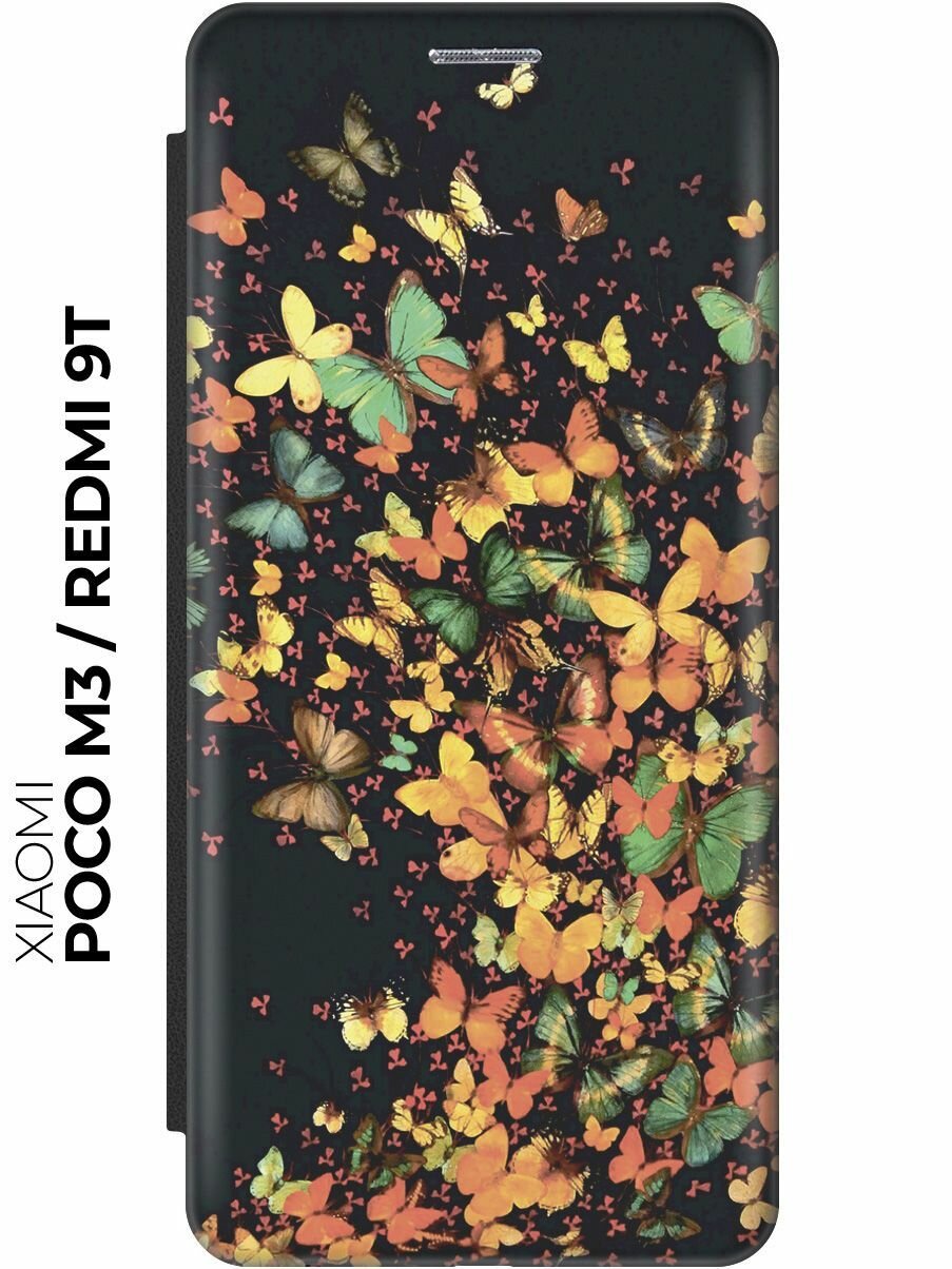 Чехол-книжка Взрыв бабочек на Xiaomi Redmi 9T / Poco M3 / Сяоми Поко М3 / Сяоми Редми 9Т черный