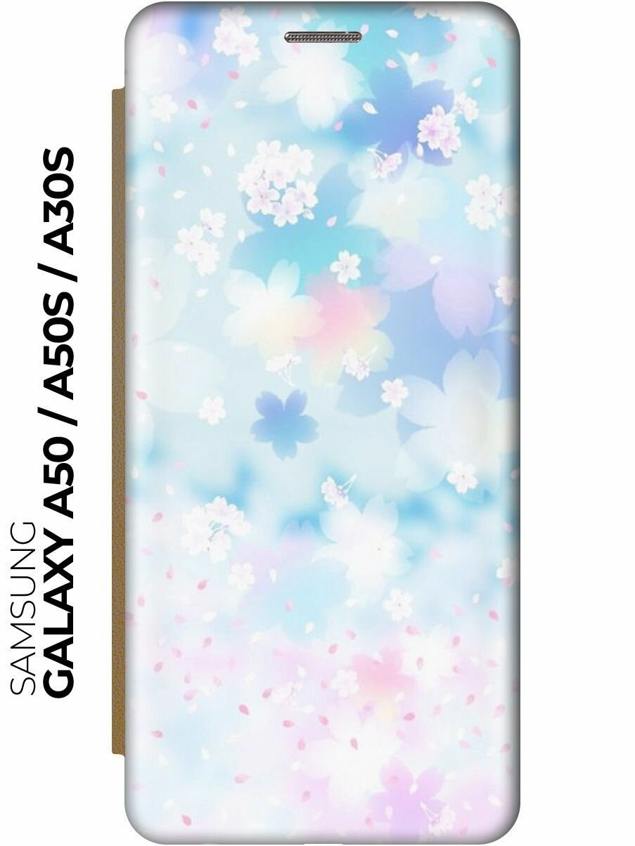 Чехол-книжка Цветение сакуры на Samsung Galaxy A50 / A50s / A30s / Самсунг А50 / А30с / А50с золотой
