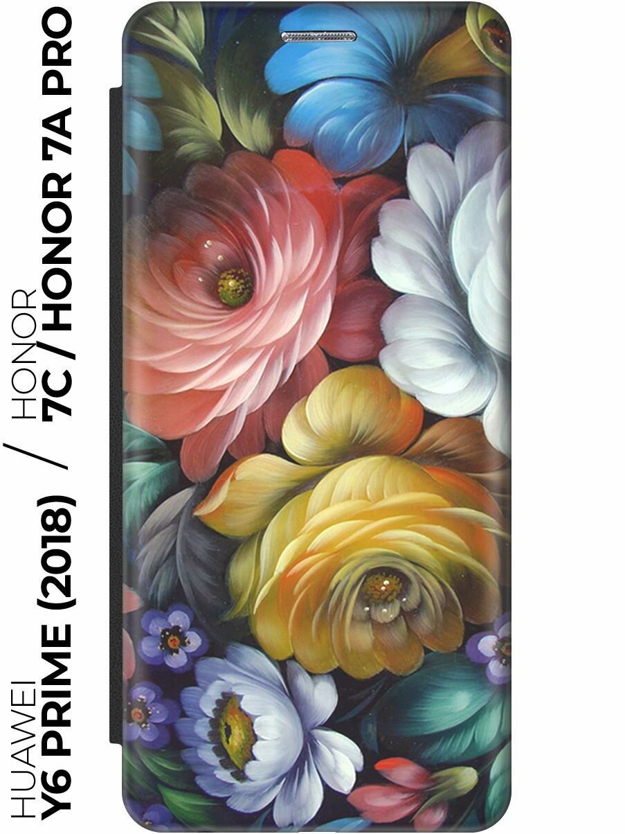 Чехол-книжка Цветочная роспись на Honor 7C / 7A Pro / Huawei Y6 Prime (2018) / Хуавей У6 Прайм 2018 / Хонор 7А Про / 7С черный