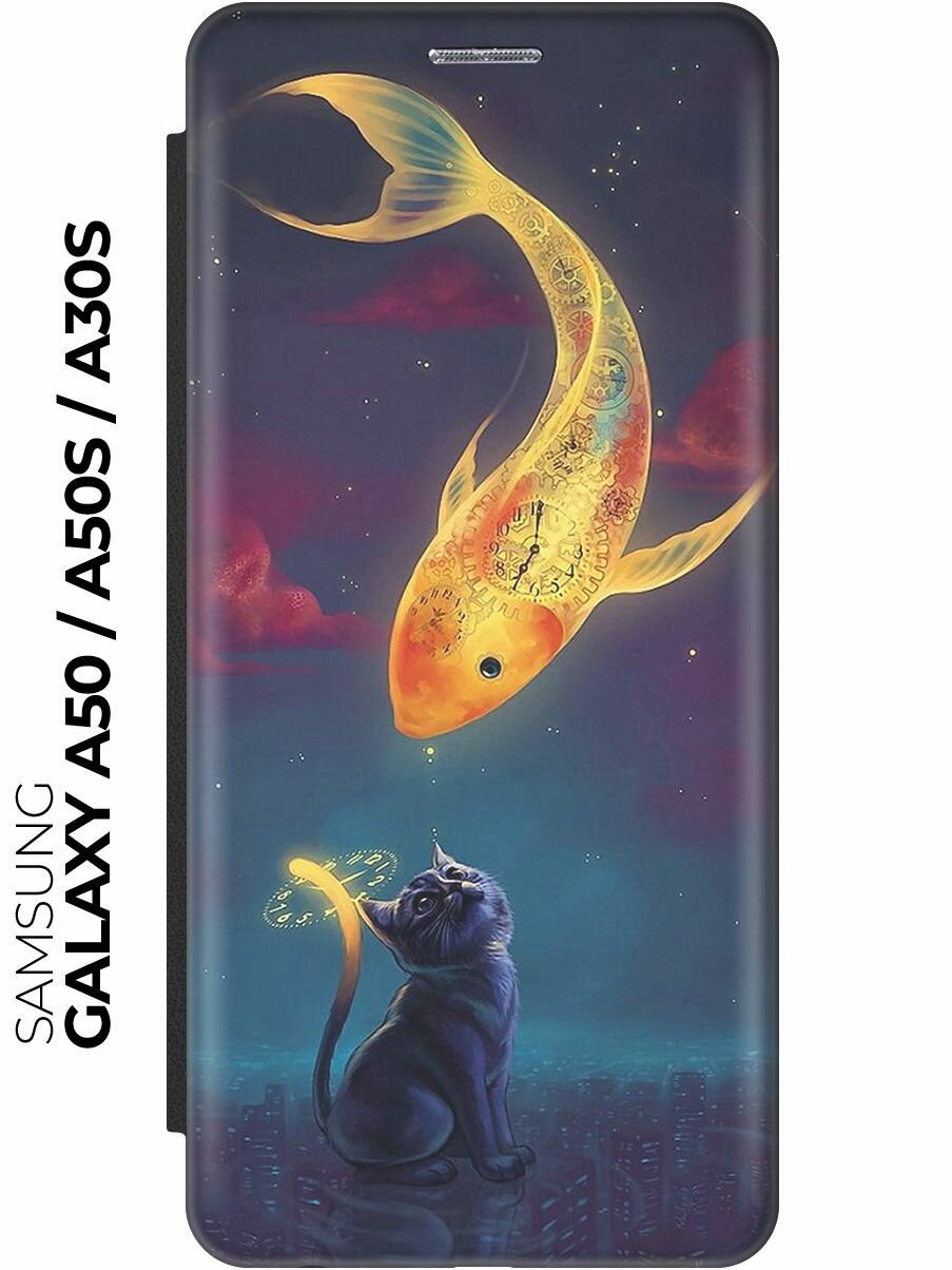 Чехол-книжка Кот и рыбка на Samsung Galaxy A50 / A50s / A30s / Самсунг А50 / А30с / А50с черный