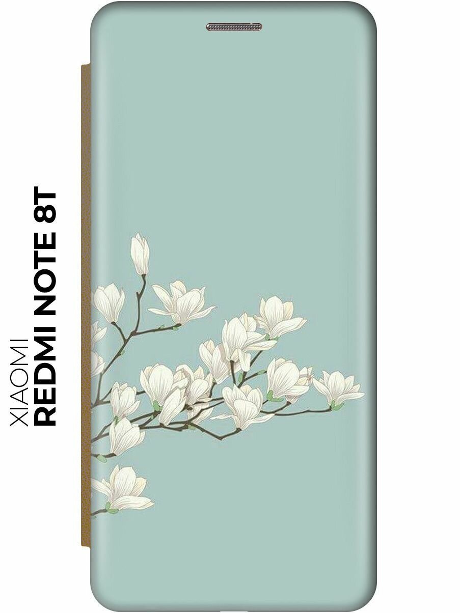 Чехол-книжка Сакура на голубом на Xiaomi Redmi Note 8T / Сяоми Редми Ноут 8Т золотой