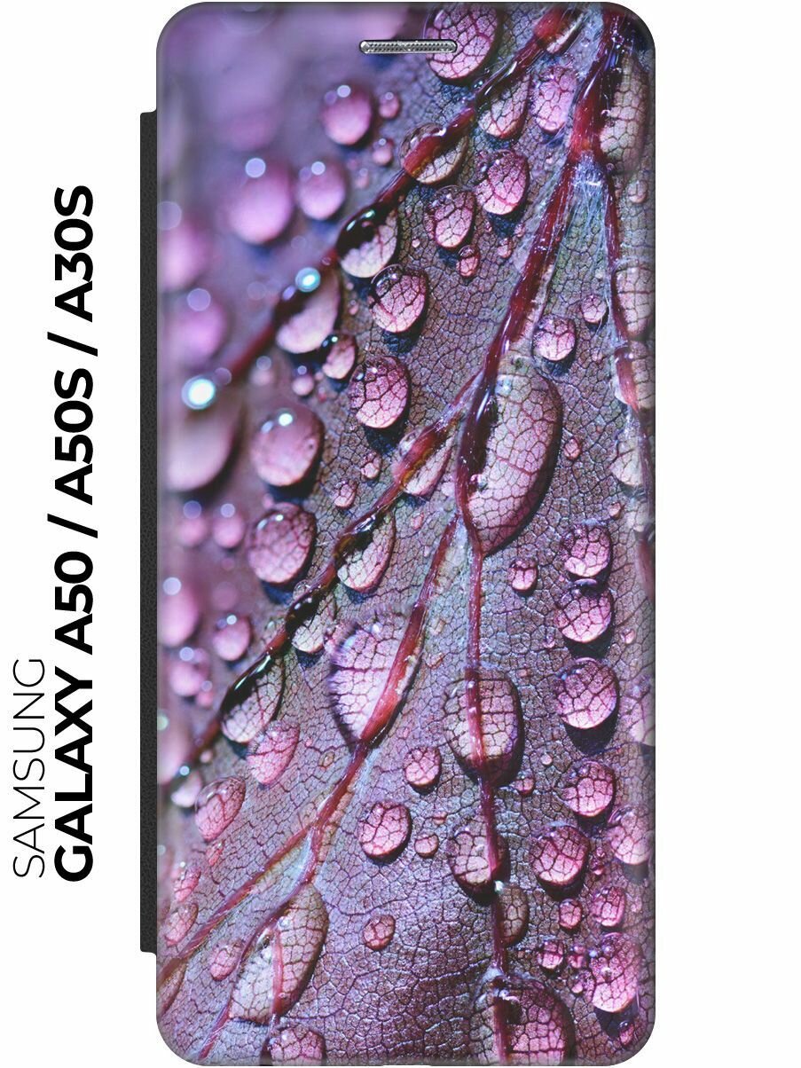 Чехол-книжка Лист в каплях на Samsung Galaxy A50 / A50s / A30s / Самсунг А50 / А30с / А50с черный