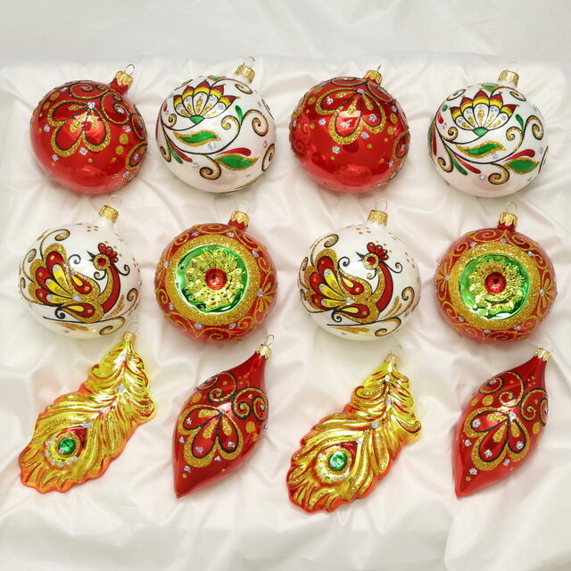 Набор стеклянных елочных игрушек Жар-птица 9-11 см, 12 шт, подвеска, Фабрика Елочка, С2230