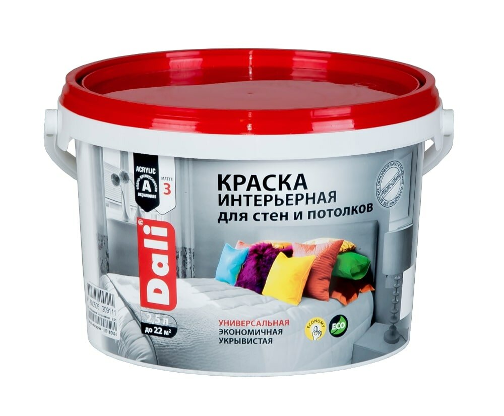 Краска акриловая интерьерная для стен и потолков белая, 2,5 л, Dali
