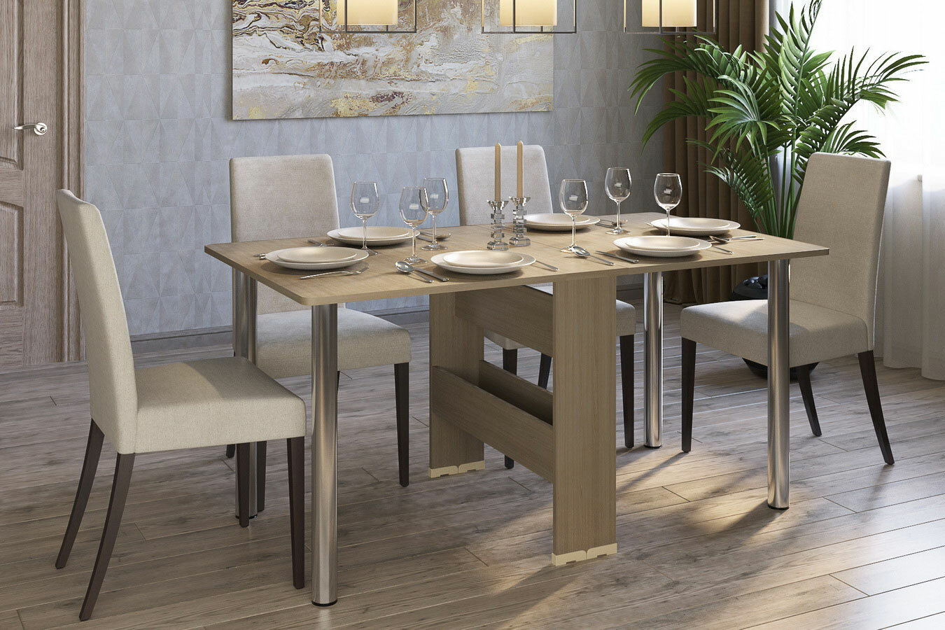 Стол-книжка 154,5 см с металлическими ножками и скругленной столешницей (цвет: ясень шимо светлый)