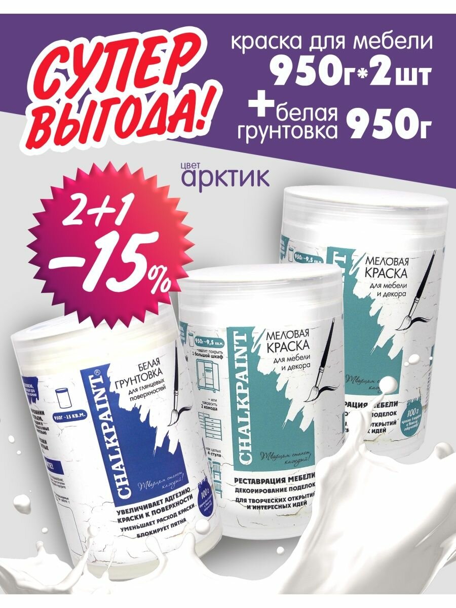 Краска меловая для мебели Chalky Paint, арктик 950 г, 2 шт, + грунт 950 г
