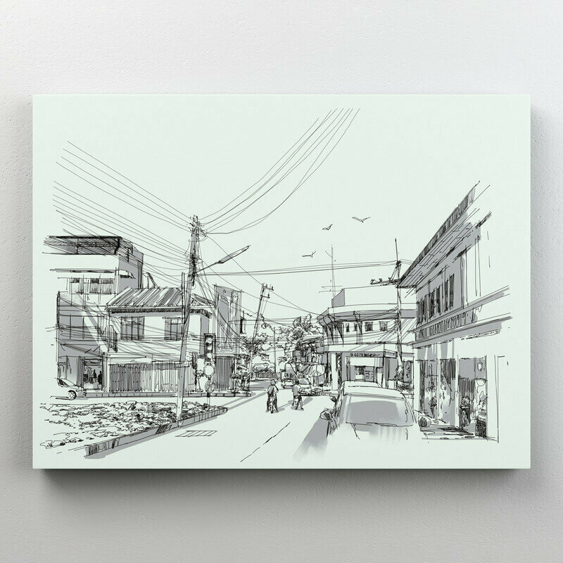 Интерьерная картина на холсте "Черно-белый скетч двухэтажный район" размер 30x22 см