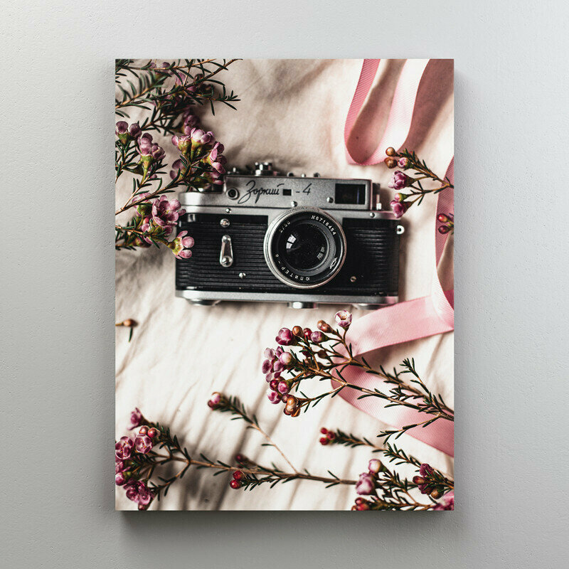 Интерьерная картина на холсте "Натюрморт - фотоаппарат и сухоцветы", размер 30x40 см
