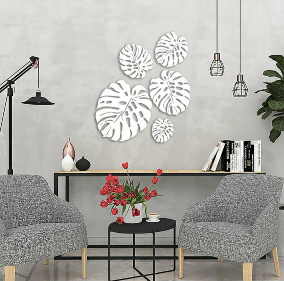 Панно набор, коллаж "Листья 5шт" декоративное настенное белое, декор на стену, картина