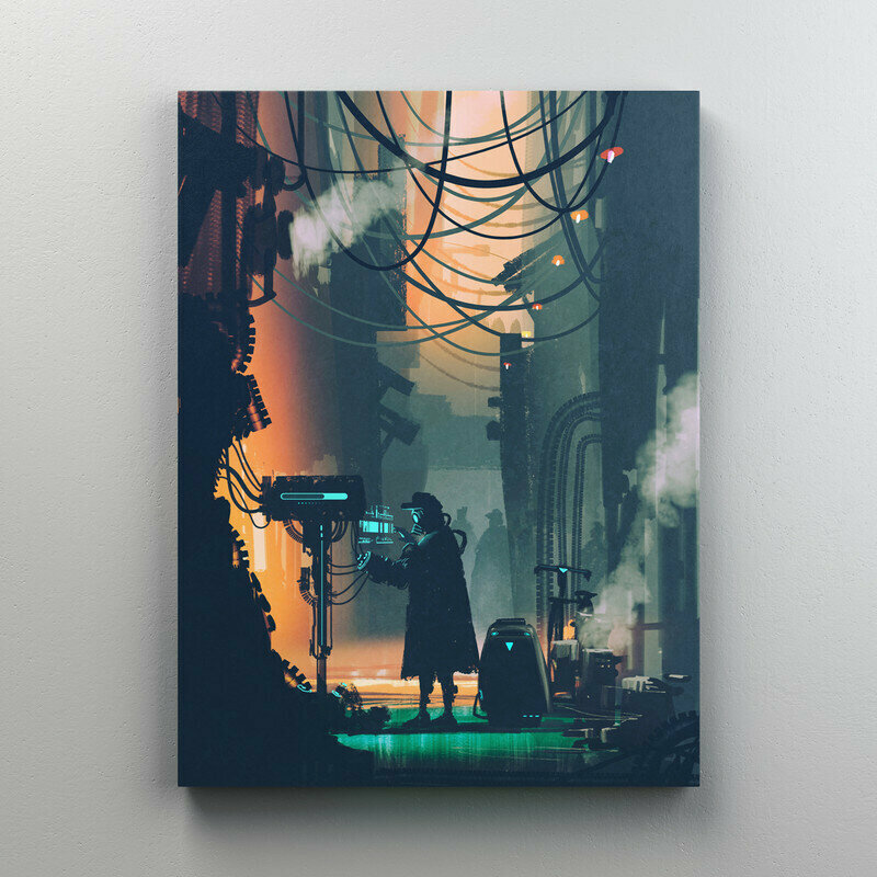 Интерьерная картина на холсте "Робот с использованием футуристического компьютера на улице" размер 22x30 см