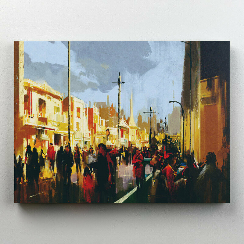 Интерьерная картина на холсте "Городской пейзаж - люди на городском празднике" размер 30x22 см