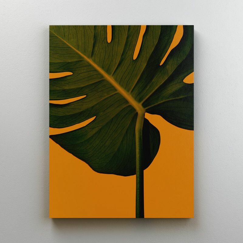 Интерьерная картина на холсте "Зеленый лист монстеры на желтом фоне" размер 30x40 см
