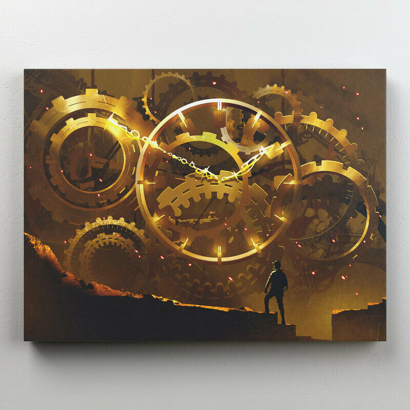 Интерьерная картина на холсте "Человек в пещере с золотым механизмом" размер 40x30 см