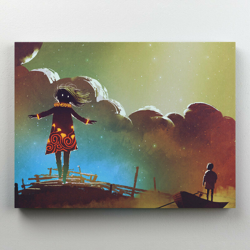 Интерьерная картина на холсте "Мальчик в лодке наблюдает за огромной волшебной куклой" размер 60x45 см