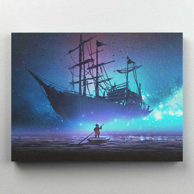 Интерьерная картина на холсте "Мальчик плывет в лодке к парящему кораблю" размер 30x22 см