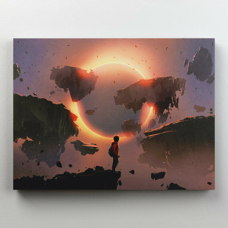Интерьерная картина на холсте "Мальчик в мире парящих камней" размер 40x30 см