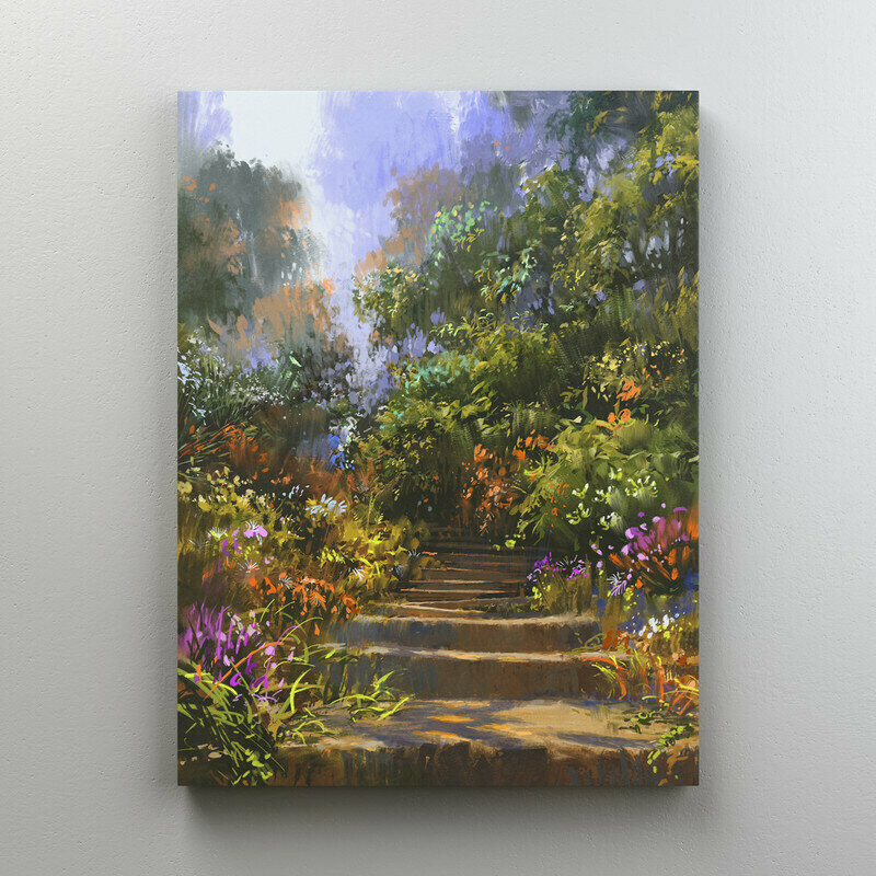 Интерьерная картина на холсте "Лестница среди красочных цветов и кустарников" размер 45x60 см