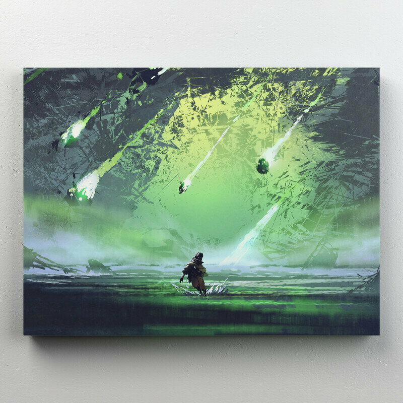 Интерьерная картина на холсте "Мужчина бежит по озеру и спасается от метеоритного дождя" размер 40x30 см