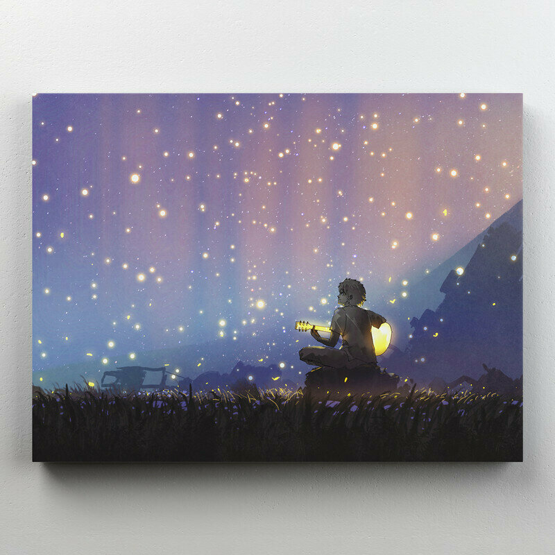 Интерьерная картина на холсте "Мальчик играет музыку на гитаре в сумерках" размер 60x45 см
