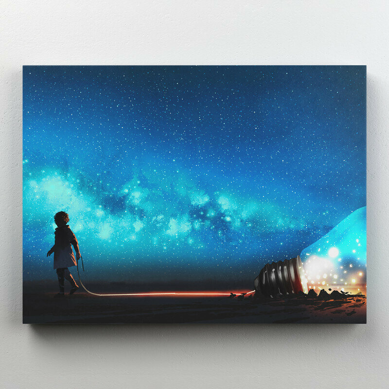 Интерьерная картина на холсте "Маленький мальчик на фоне млечного пути" размер 30x22 см