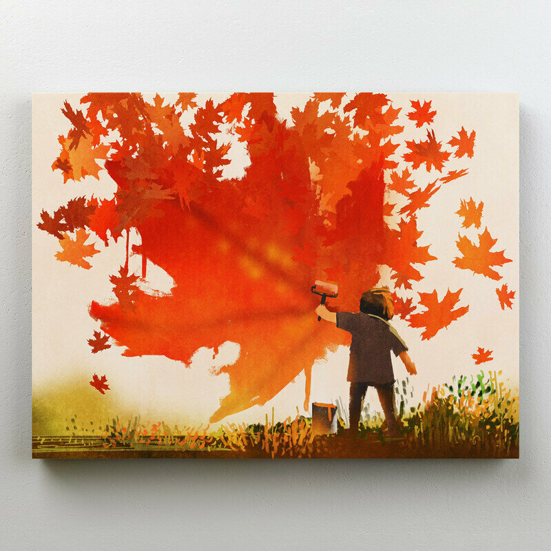 Интерьерная картина на холсте "Маленький ребенок разукрашивает кленовый лист" размер 30x22 см