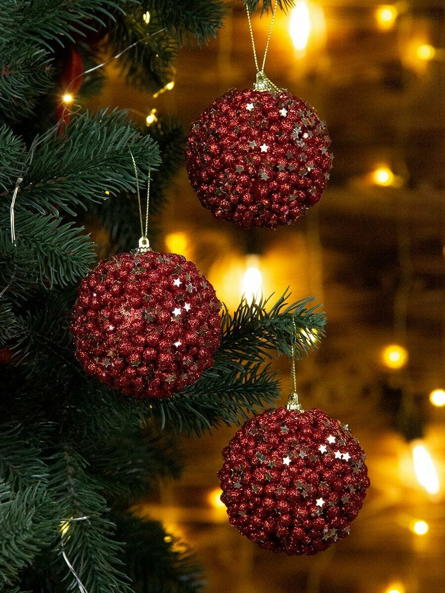 Елочные шары набор 8 см, 3 шт, красный