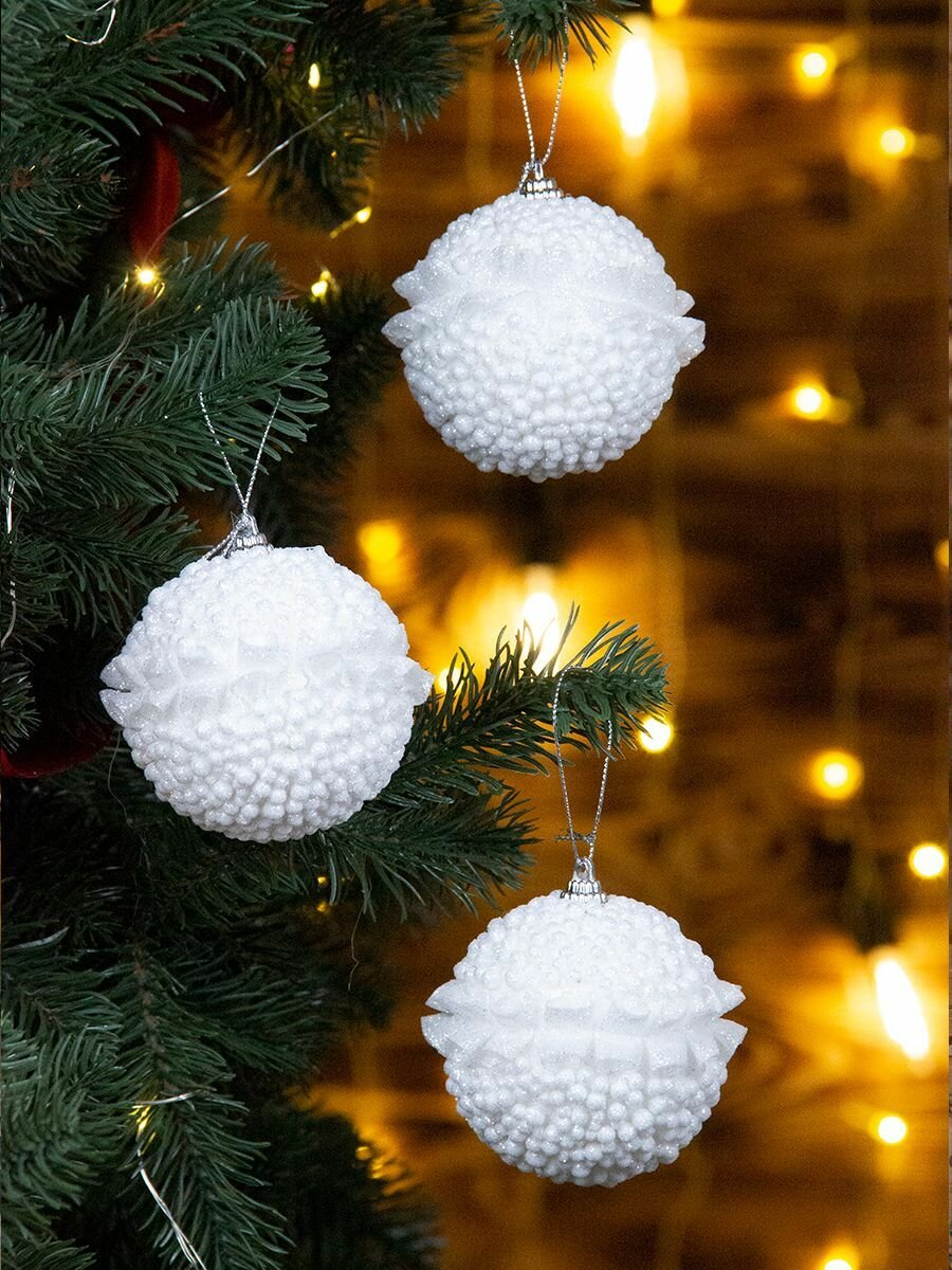 Елочные шары набор 8 см, 3 шт, белый