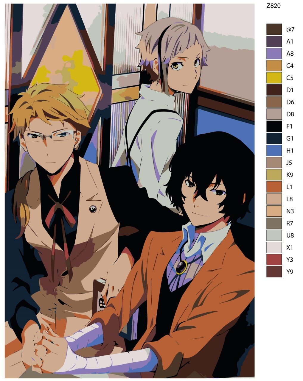 Картина по номерам Z-820 "Аниме - великий из бродячих псов. Осаму Дазай, Доппо Куникида и Ацуши Накаджима - детективы" 60x90