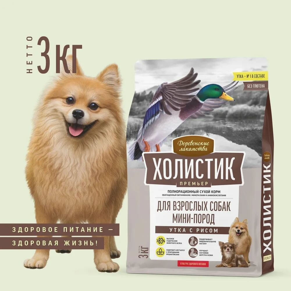 Сухой корм Деревенские лакомства Холистик Премьер 3кг утка с рисом для собак мини-пород (79213300)