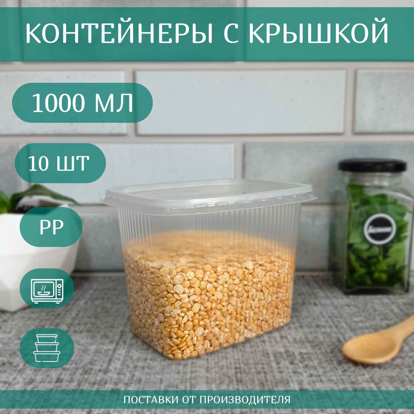 Контейнеры одноразовые с крышкой для хранения и заморозки продуктов 10 шт, объем 1000 мл, "Каштан Практик L"