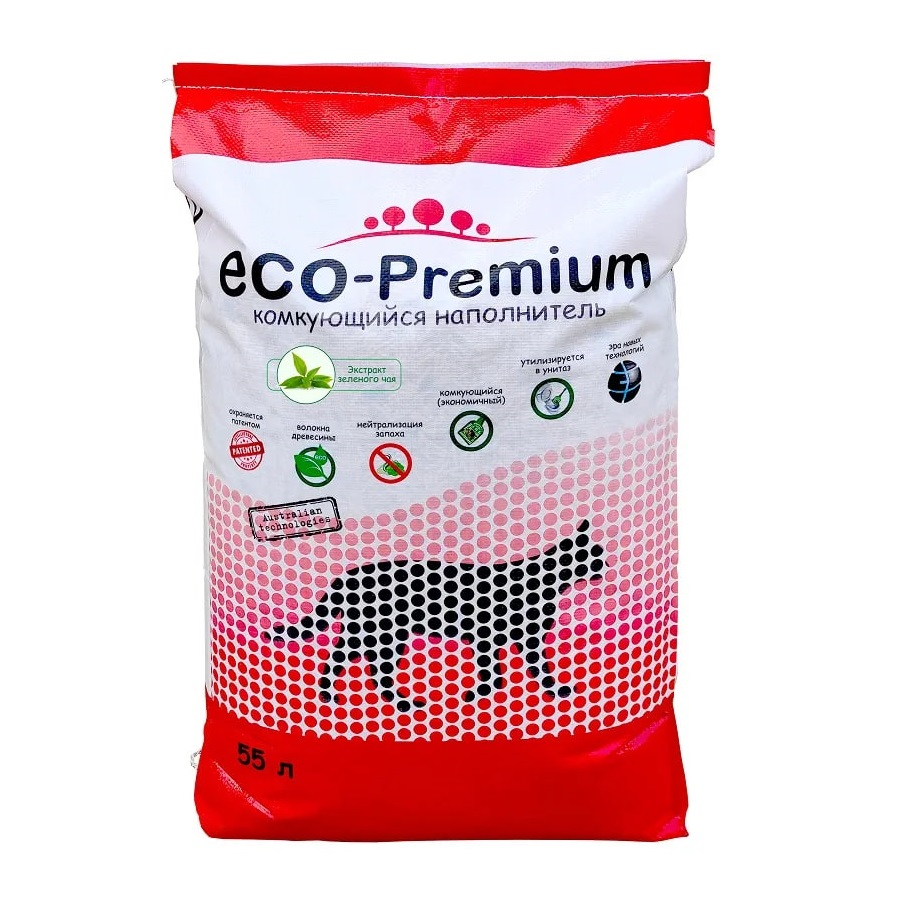 Наполнитель ECO-PREMIUM комкующийся древесный с зелёным чаем (55 л)