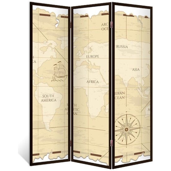 Ширма перегородка Декор Депо для комнаты деревянная "Карта континентов" двухсторонняя с картинкой (уют) 3 створки венге 176х140 см 11 кг