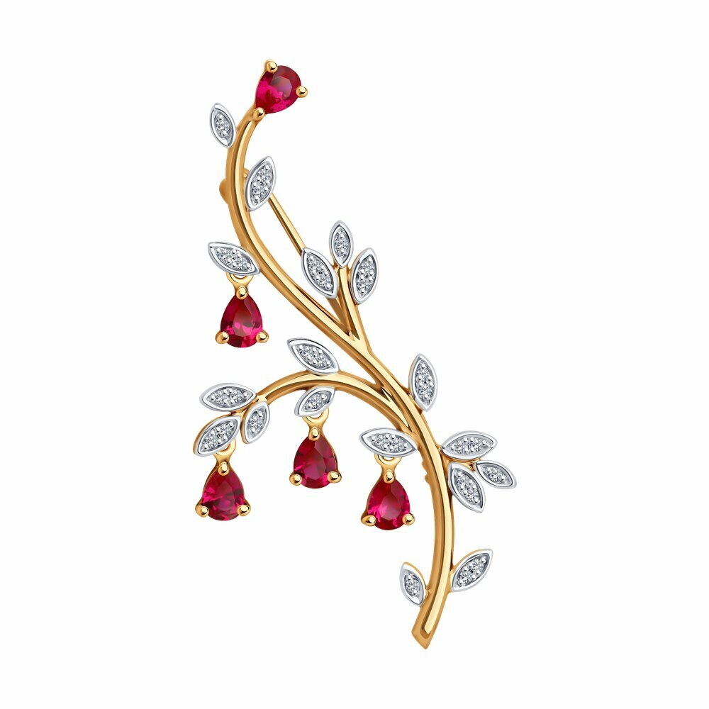 Брошь, красное золото, 585 проба, корунд синтетический, бриллиант