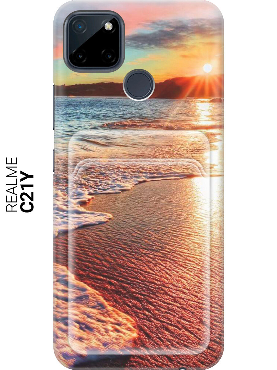 Чехол с карманом для карт на Realme C21Y / Рилми С21у с принтом "Залитый светом пляж"