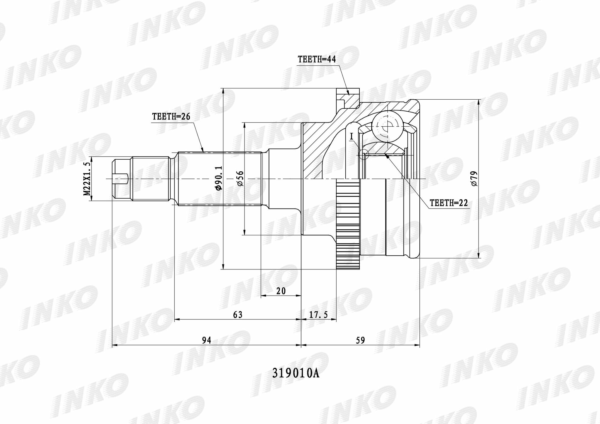 INKO 319010A ШРУС внешний 26/22 ABS 44 | перед прав/лев |