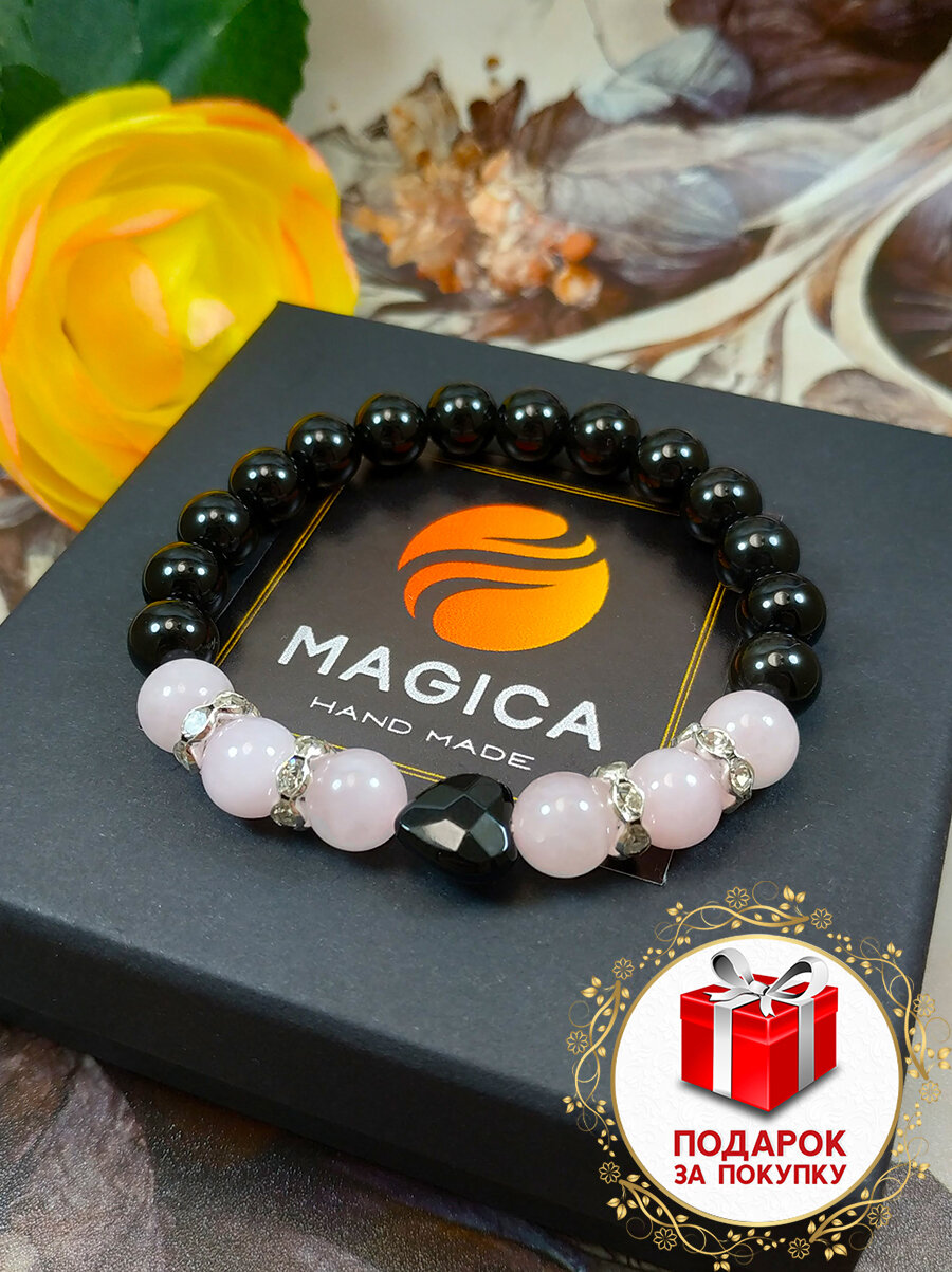 Браслет Magica, обсидиан, кварц розовый
