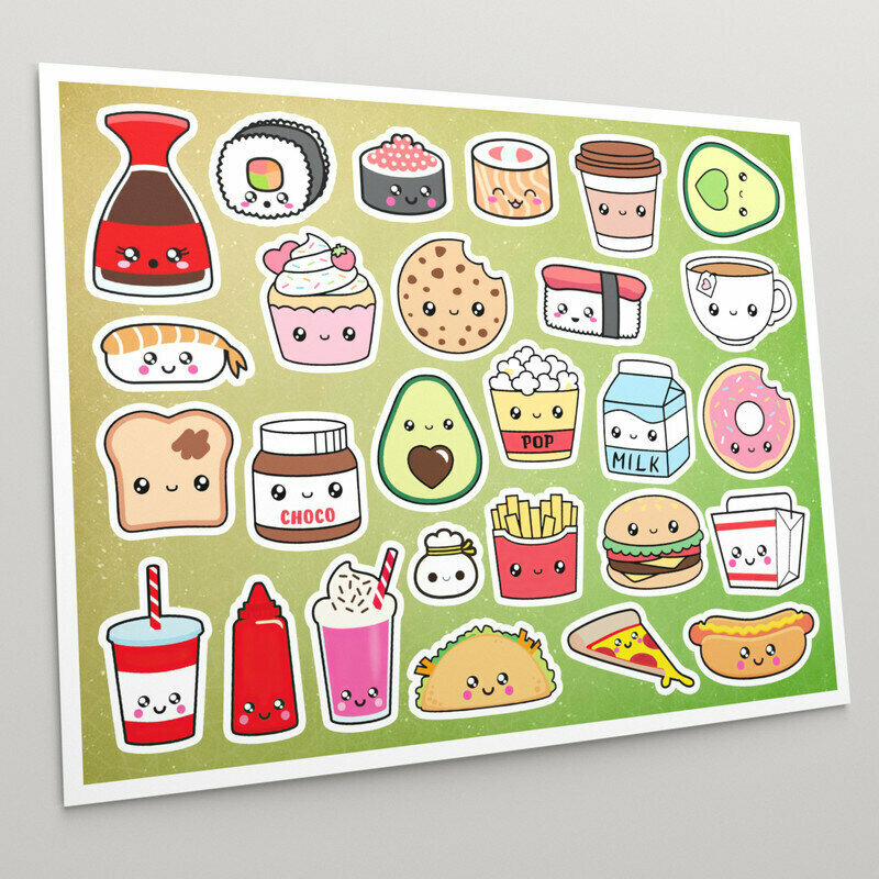 Наклейки декоративные (Стикеры самоклеящиеся) набор "Милая еда - Фастфуд Кавай" 20x25 см