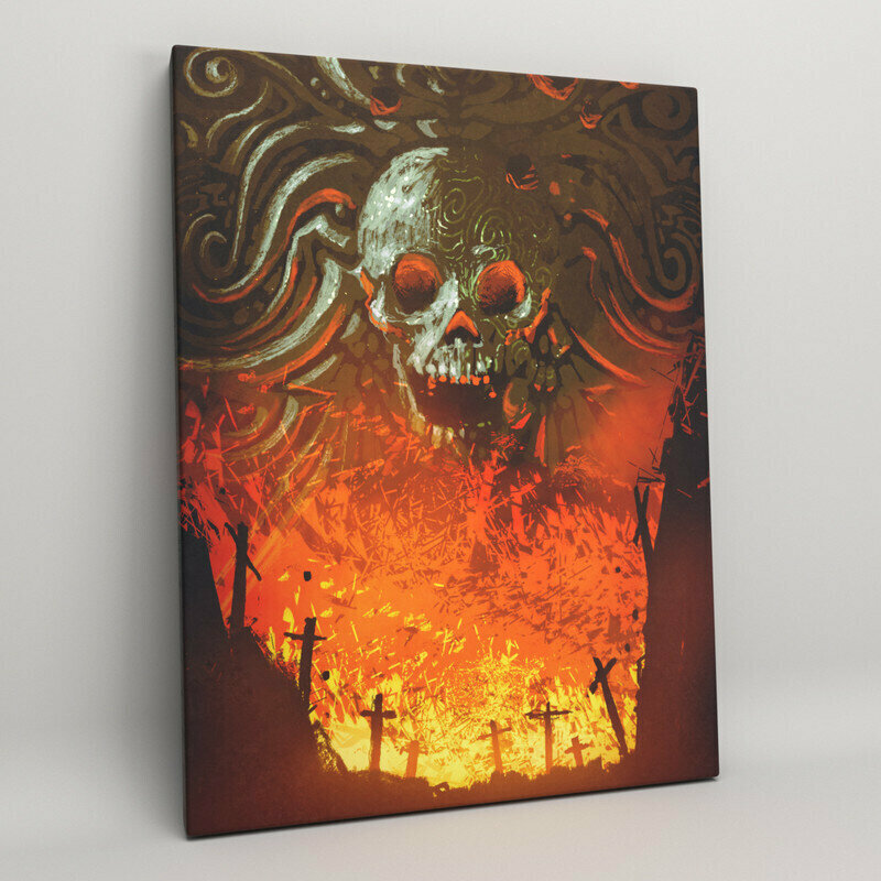 Картина на холсте (интерьерный постер) "горящее кладбище и череп", с деревянным подрамником, размер 22x30 см
